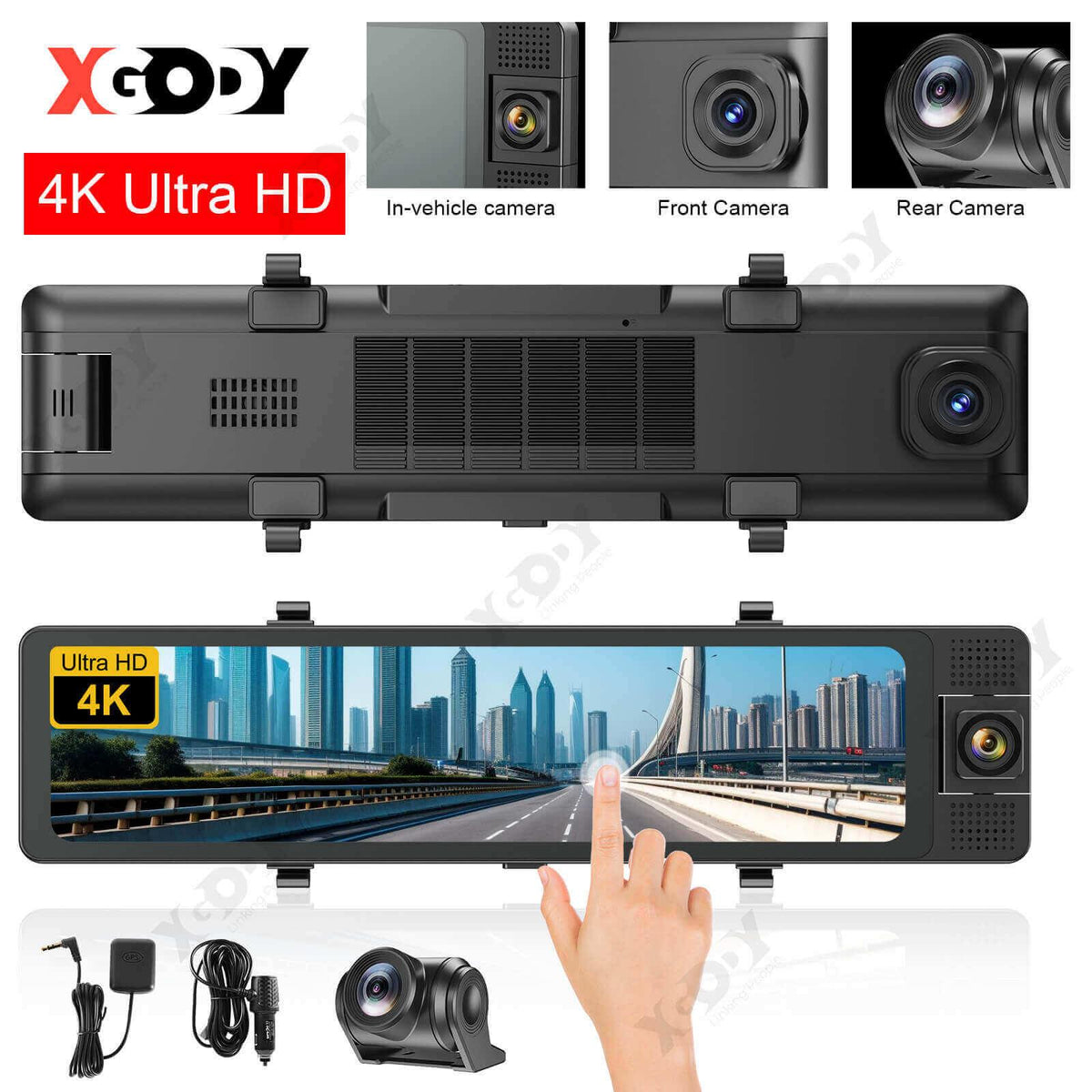 XGODY J406 Triple Channels Dash Cam - 12-Inch Touch Screen, 4K Ultra H