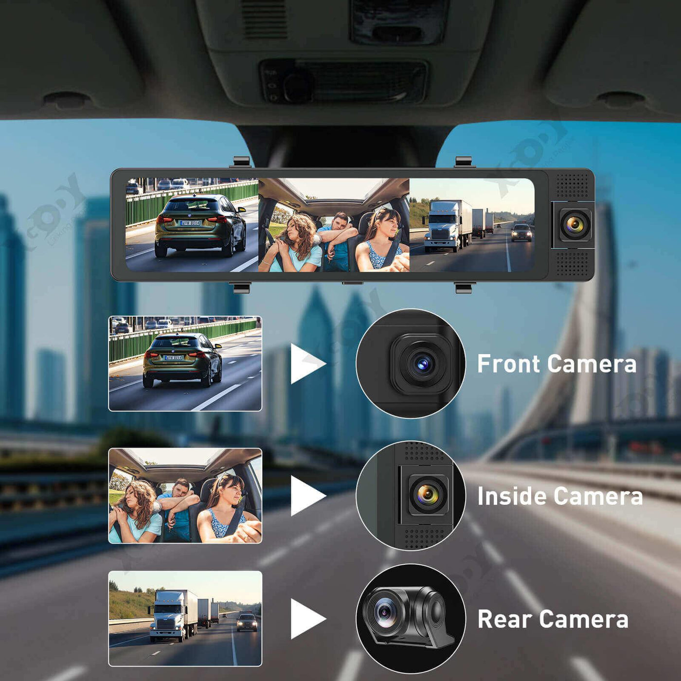 XGODY J406 Triple Channels Dash Cam - 12-Inch Touch Screen, 4K Ultra H