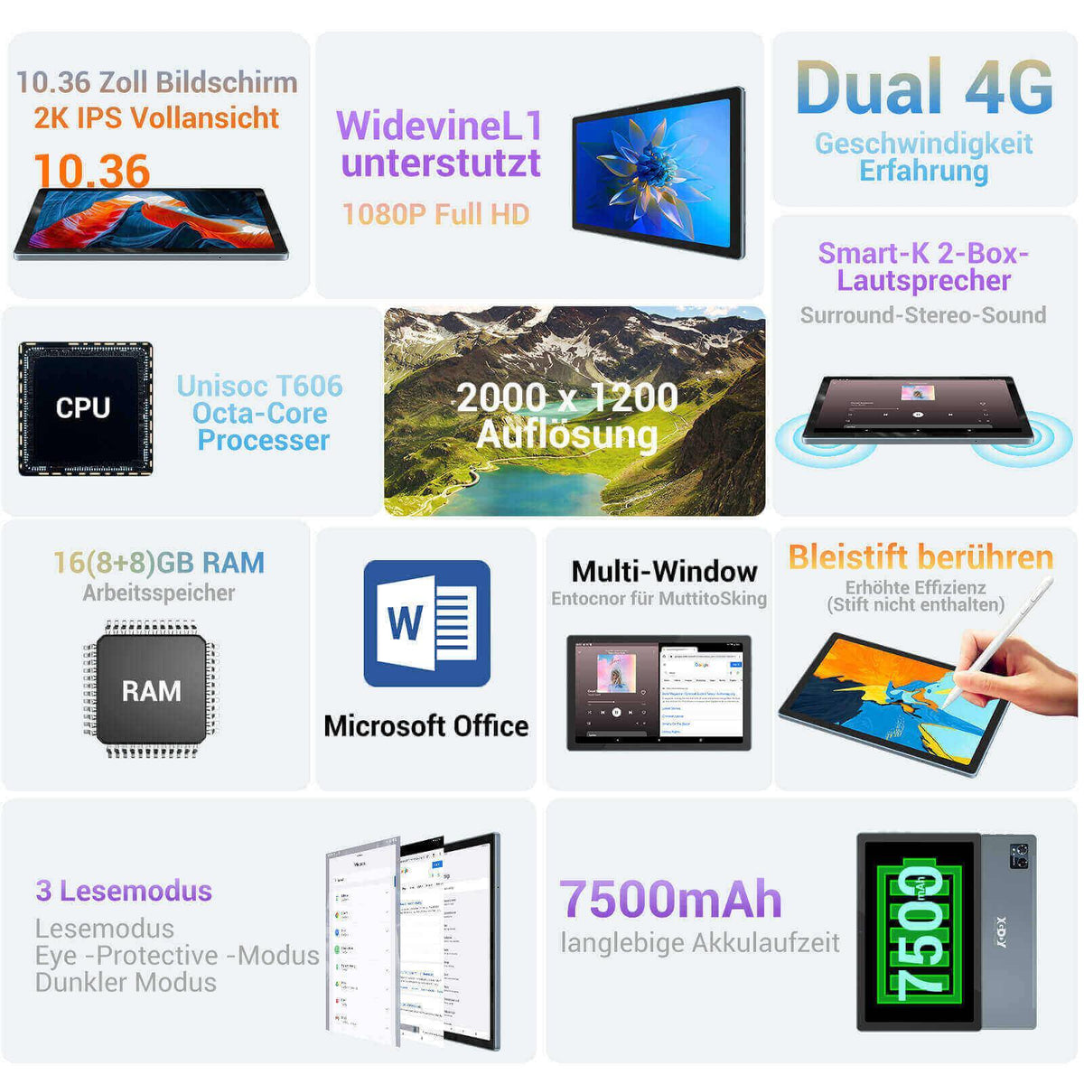 XGODY P70 PRO 4G Tablet With 2K Display, Android 12, 16G+512G, Split S