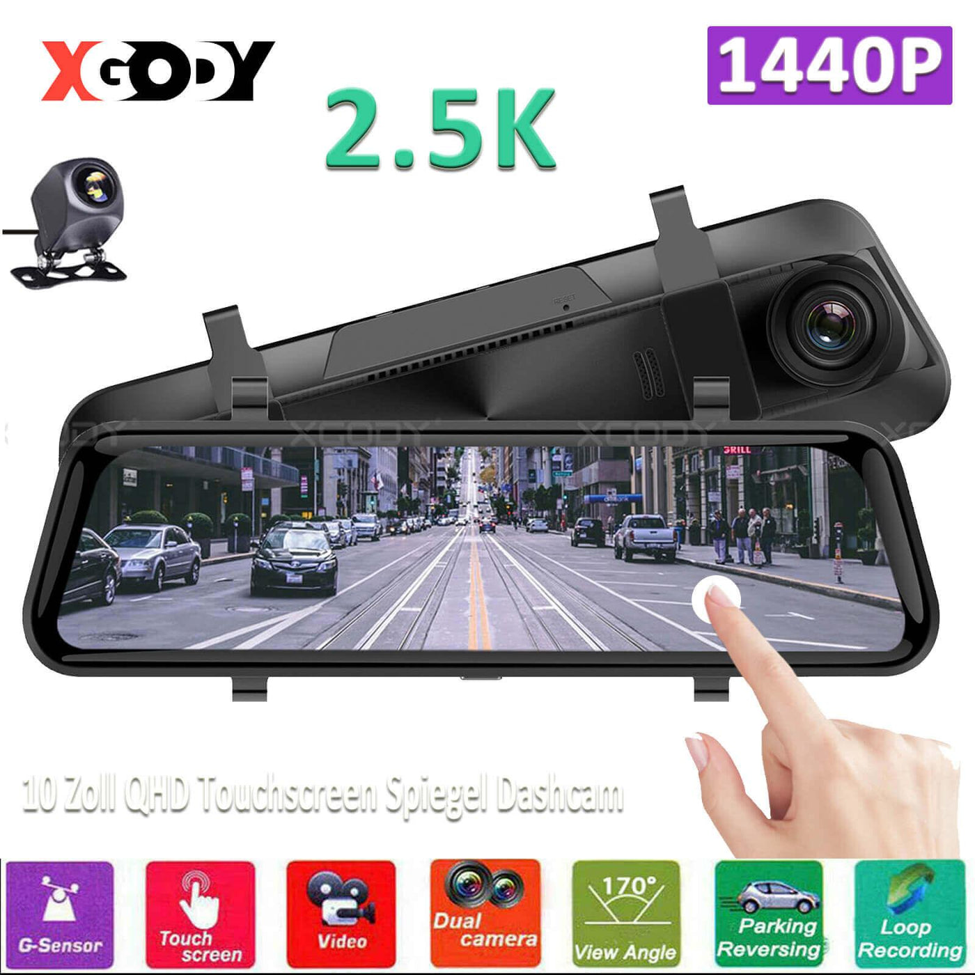 Front And Rear Dash Cam 2K | XGODY H11 Rear View Mirror Dash Camera, N