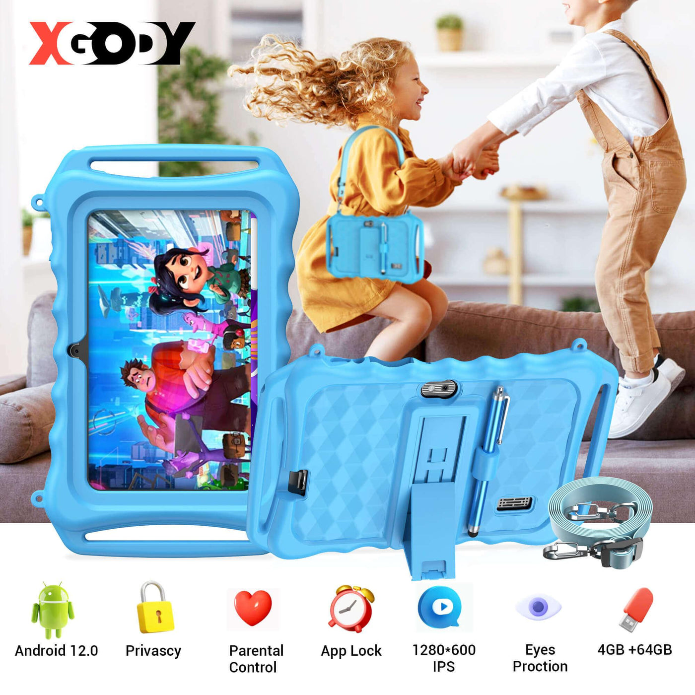 T702PRO 7 Inch Tablet With Case For Kids Aged 3-12, 32G With Bluetooth