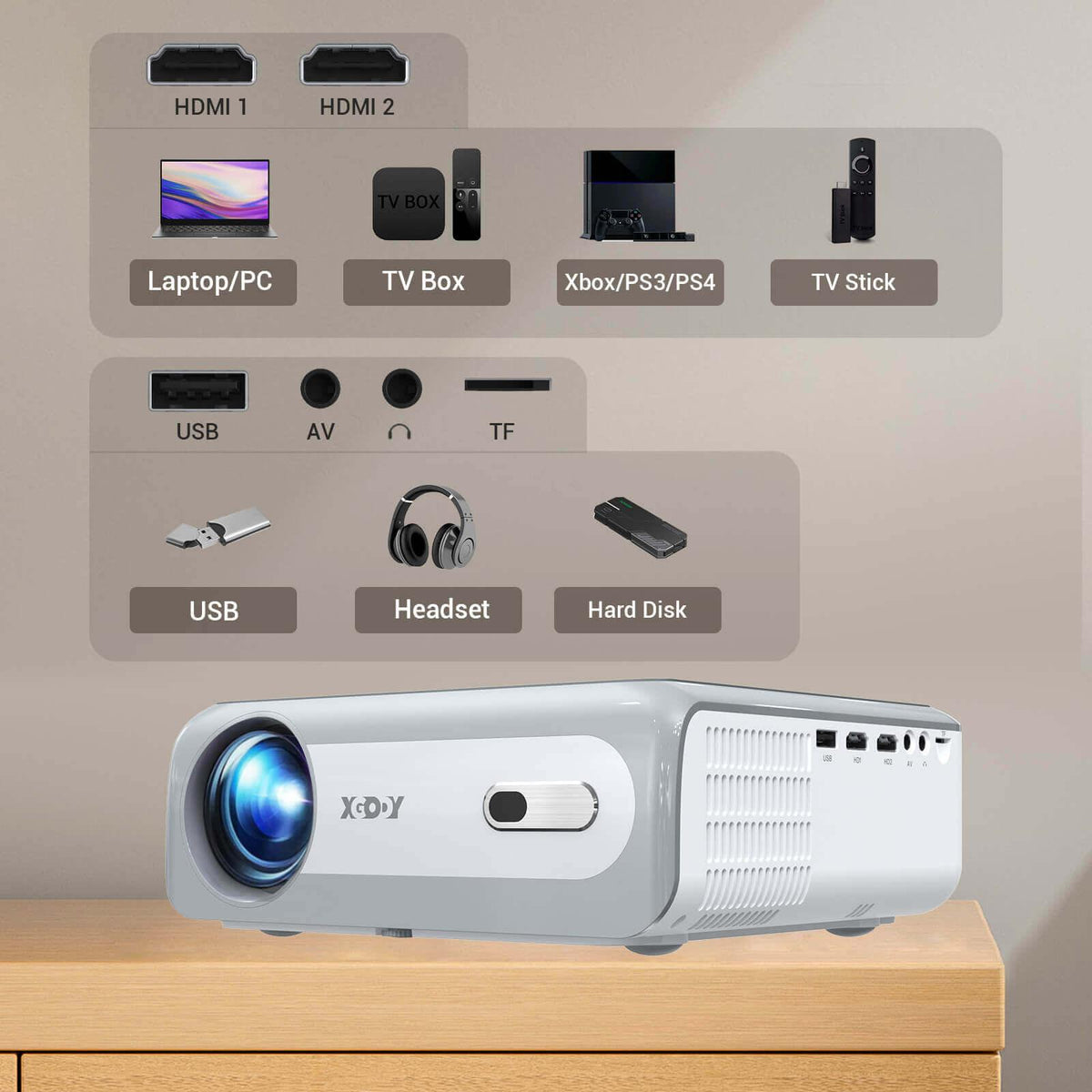 XGODY 4K Portable Smart Projector With Built-in Apps, Built-In TV Stic