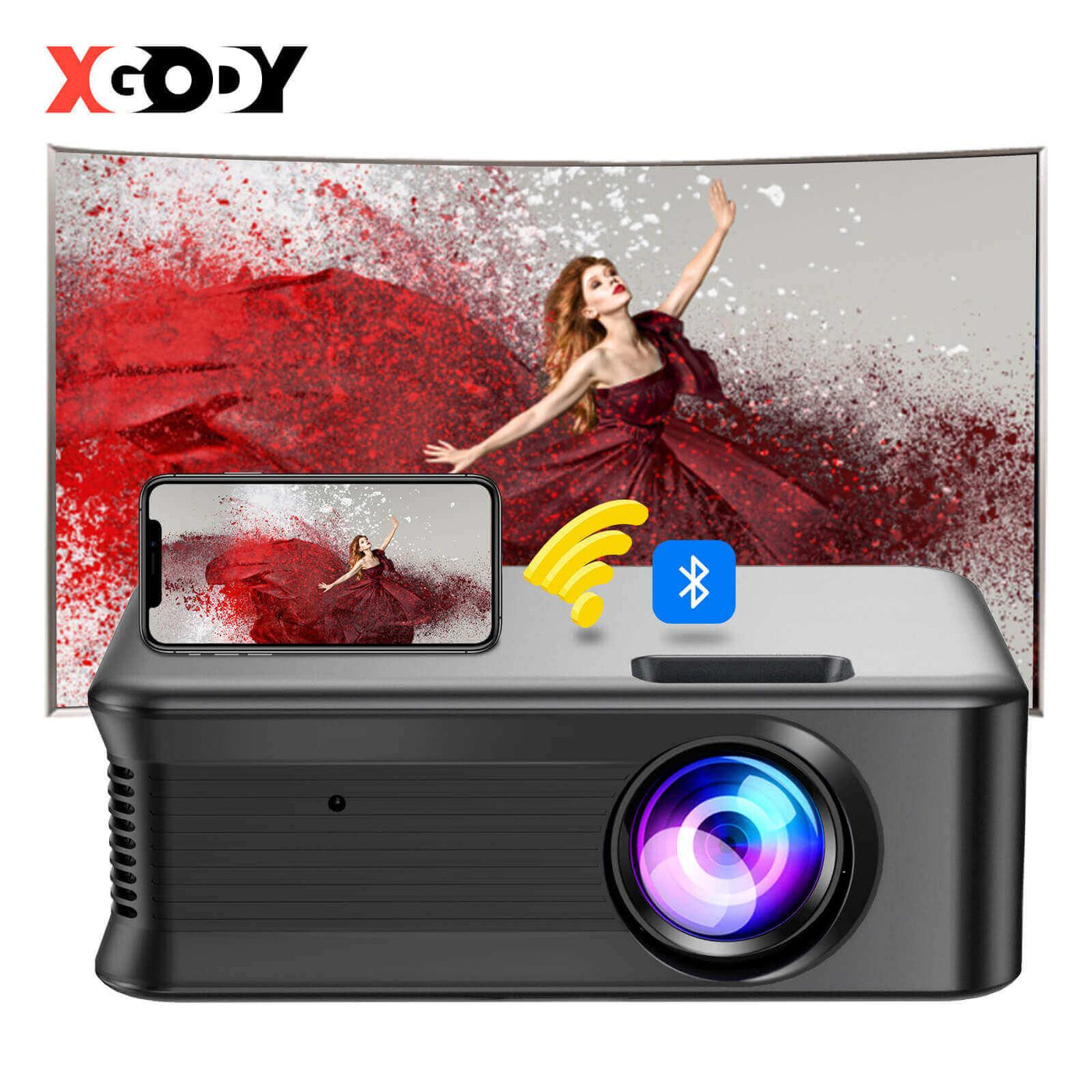 XGODY Mini Video Projector 1080P, Wireless Bluetooth and WiFi Projecti